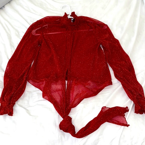 FAVLUX | Tops | Festive Red Mesh Crop Top With Glitter And A Tie In The ...